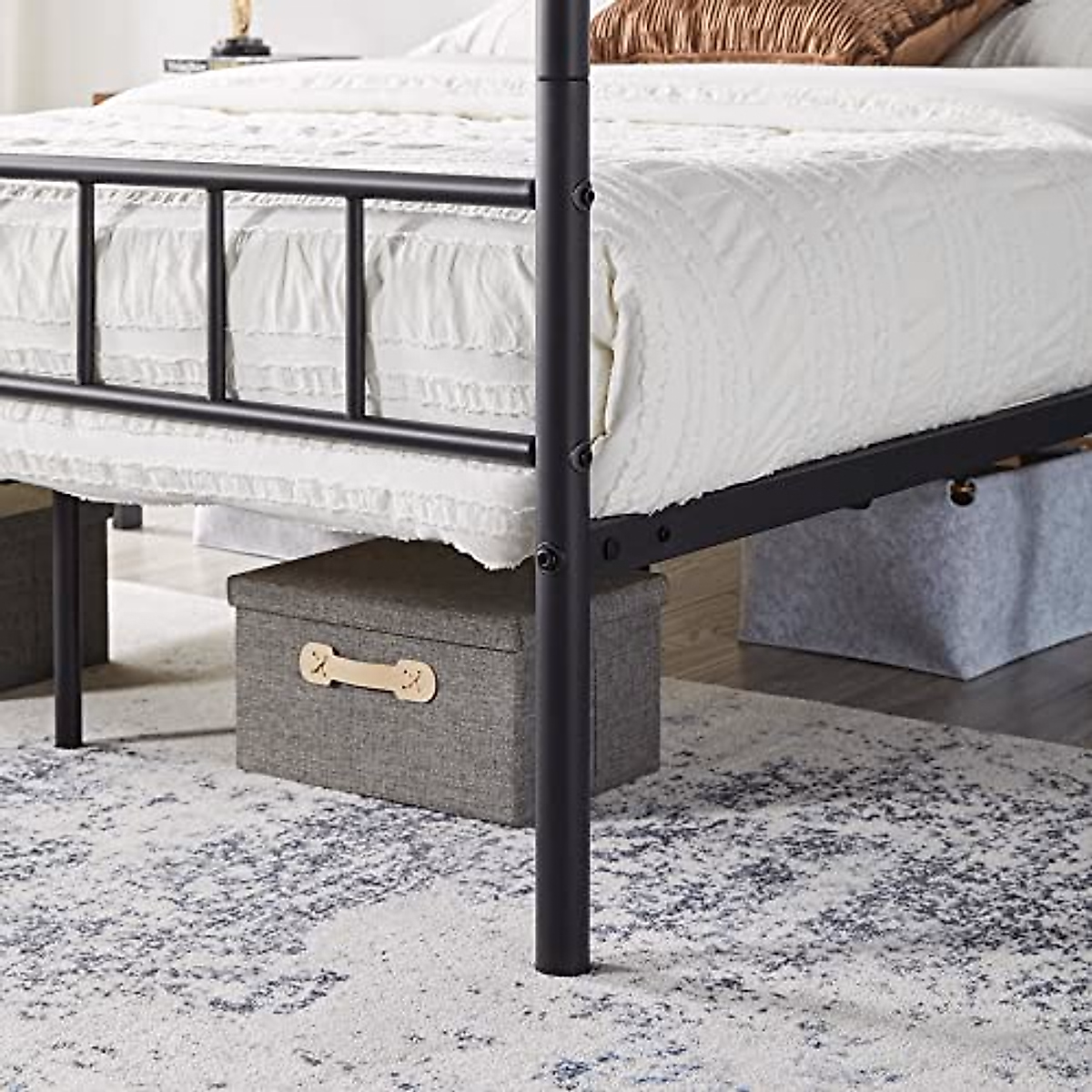 Topeakmart Black Four-Poster Canopy Metal Bed Frame with Headboard and Footboard Sturdy Slatted Structure No Box Spring Needed Queen Size