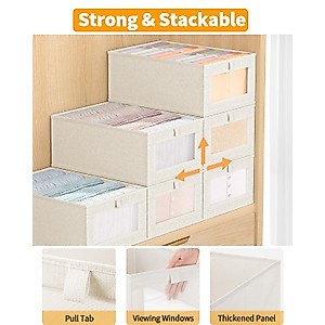 WINSTECK 4 Pack Linen Closet Organizers and Storage Bins, Storage Containers with Clear Window, Large Storage Boxes Baskets for Organizing Clothing, Jeans, Toys, Books, Shelves, Closet, Wardrobe
