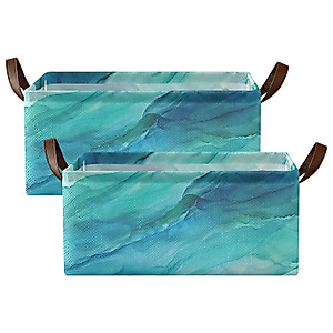 NFMILI Storage Basket Blue Teal Marble Print Storage Bins with Steel Frame，Foldable Storage Cube with Handles 1 Pack