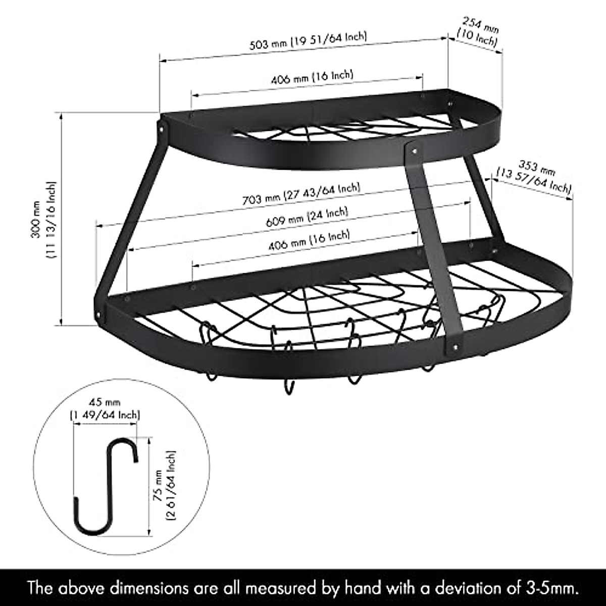 KES 27.5-Inch Pot Rack Wall Mounted, 2-Tier Hanging Pot Rack for Pots and Pans Storage, Classic Semi-Circle Design, Black, KUR502S70B-BK