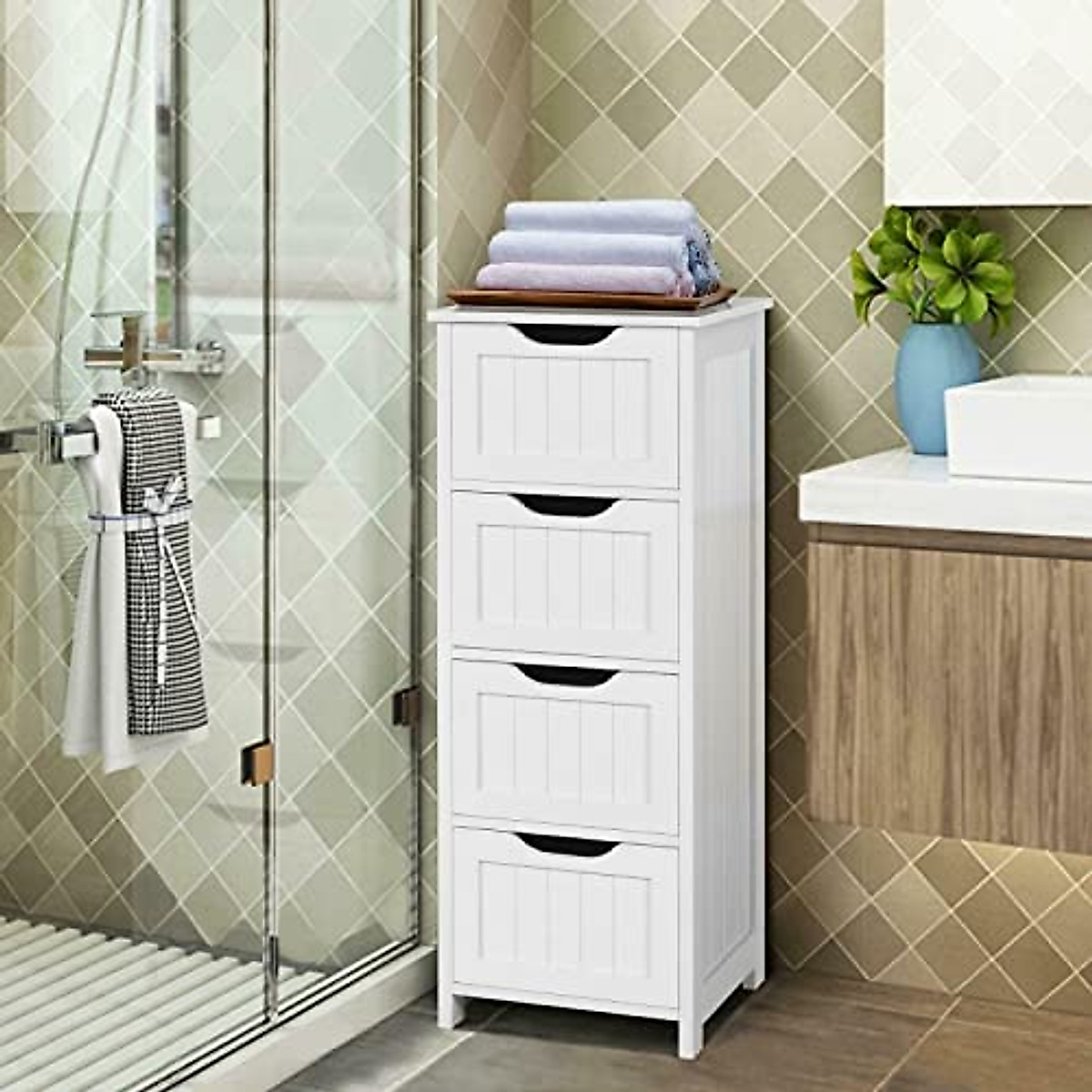 Nightstand Bedside Table Drawer Cabinet Floor Bathroom Cabinet 4 Drawers Dresser Chest Drawer Bedroom Storage Organizer Storage Cabinet Large Storage Spac Space Saving Easy Assemble Storage Tower Dres
