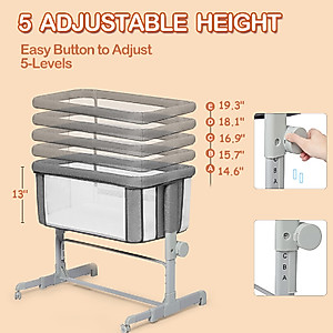 Babevy Baby Bassinet Bedside Sleeper Bedside Crib, Crib Adjustable Height Portable Bassinet with Wheels and Music Box for Newborn Baby, Mattress and Travel Bag Included, Linen-Grey