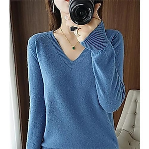 Cashmere Sweaters for Women,Essential V Neck Long Sleeve Pullover Sweater Classic-Fit Lightweight Knit Top for Fall Winter(XL,Blue)