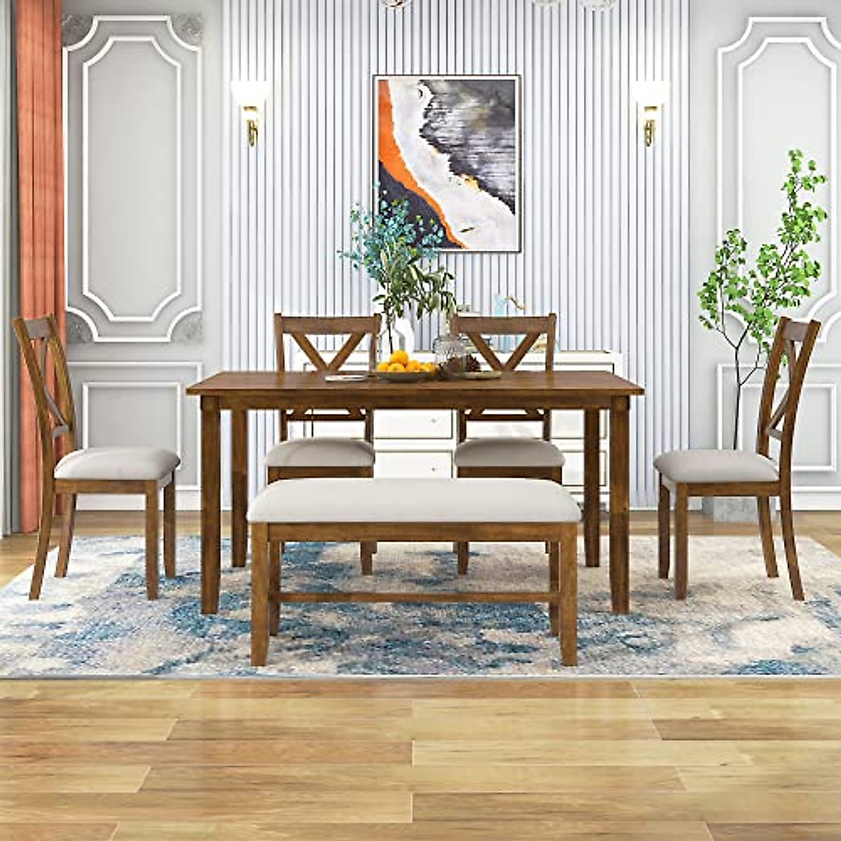 WOZNLA 6-Piece Farmhouse Rustic Dining Table Set - Rectangular Wood Table and Chairs with Padded Seats - Perfect Family Kitchen Furniture for Gatherings and Meals