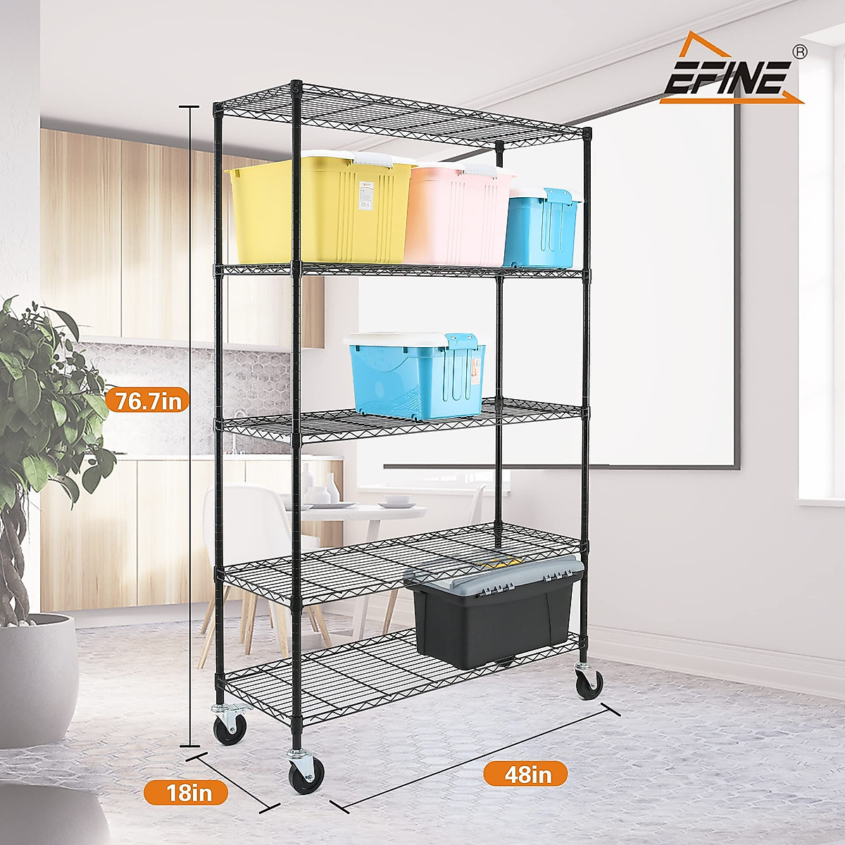 EFINE 5-Tier Chrome NSF Certified Storage Shelves, Heavy Duty Steel Wire Shelving Unit with Wheels and Adjustable Feet, 500lbs Loading Capacity Per Shelf, Pantry, Garage, Kitchen Shelving(18"x48"x72")