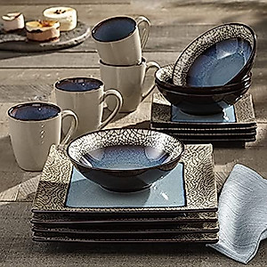 American Atelier Square Dinnerware Sets | Blue Kitchen Plates, Bowls, and Mugs | 16 Piece Stoneware Via Roma Collection | Dishwasher and Microwave Safe | Service for 4