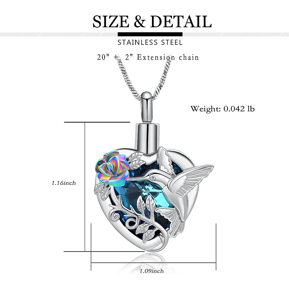 Yinplsmemory Hummingbird Cremation Jewelry Crystal Heart Urn Ashes Necklace for Women Men Memorial Keepsake Necklace of Loved One