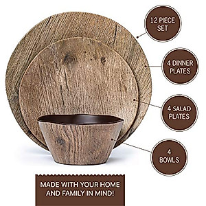 Melamine Dinnerware Sets - 12 pcs Melamine Plates Outdoor Plates Summer Plates and Bowls Sets Melamine Plates Ideal Camping Dish Set Dinnerware Set for 4 Dishwasher Safe (Wood Grain)