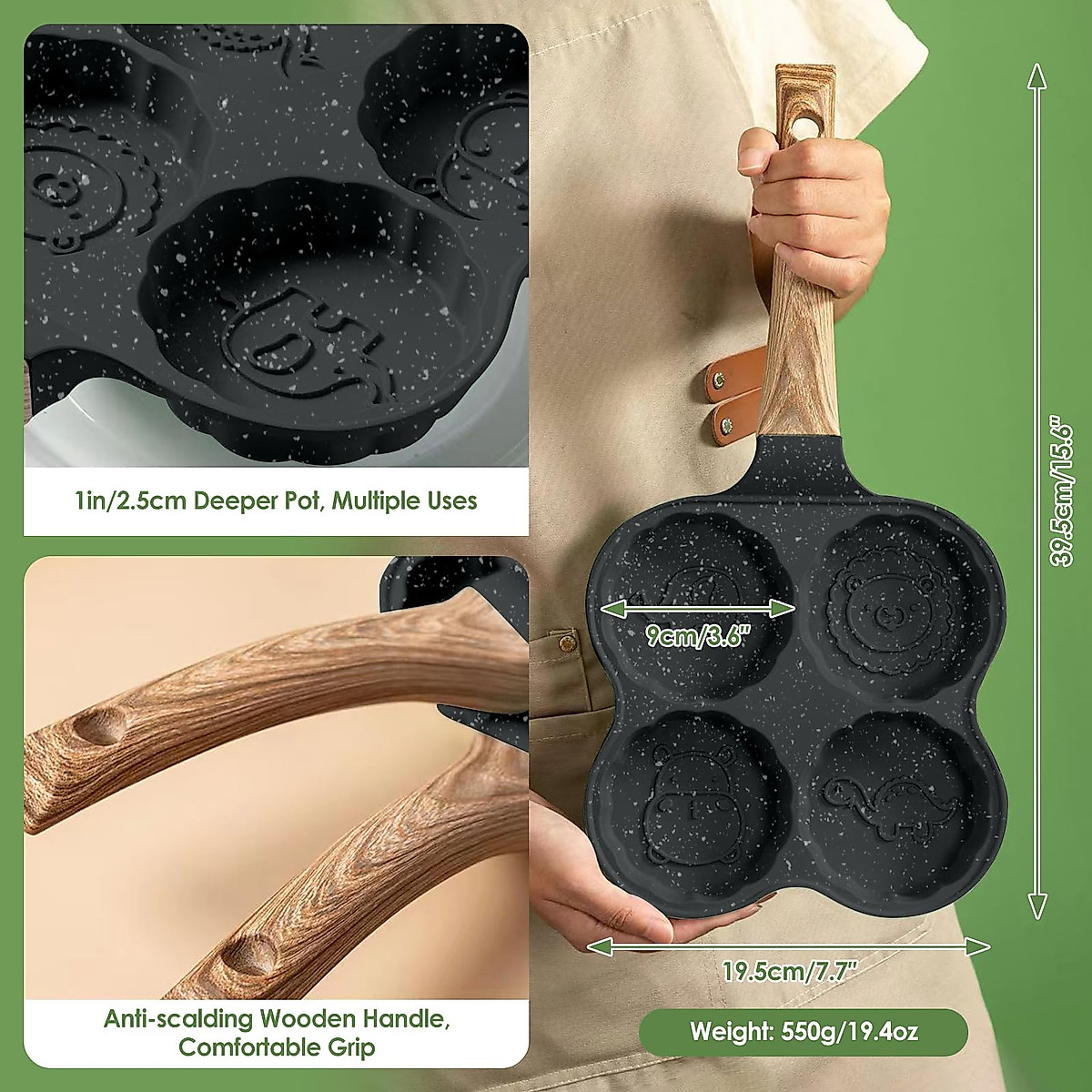 Egg Pan 4 Cup Omelette Pans Nonstick 4 Cute Animal Patterns Versatile Breakfast Skillet Healthy Breakfast Pancake Pan for Eggs, Plett, Crepes, Compatible with Gas Stove and Induction Cooktop (Black)