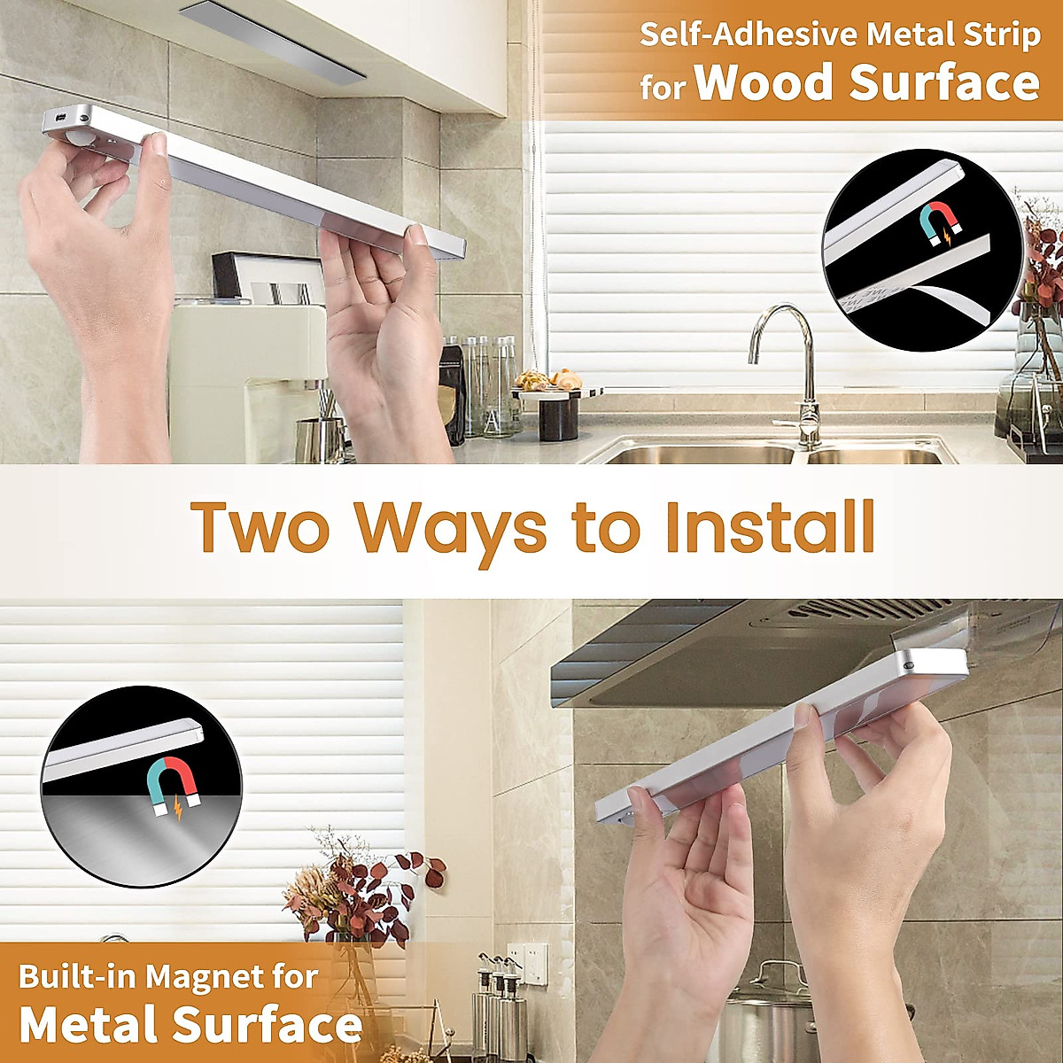 Under Cabinet Lights Rechargeable Under Counter Lights for Kitchen, 188 LED Closet Light Motion Sensor Light Indoor, Dimmable Magnetic Under Cabinet Lighting, 2-Pack