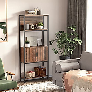 CharaVector 5-Tier Bookshelf with Doors,Tall Bookshelf with Cabinet, Rustic Wood Bookshelf for Bedroom, Industrial Bookcase for Living Room, Home Office, Walnut Brown