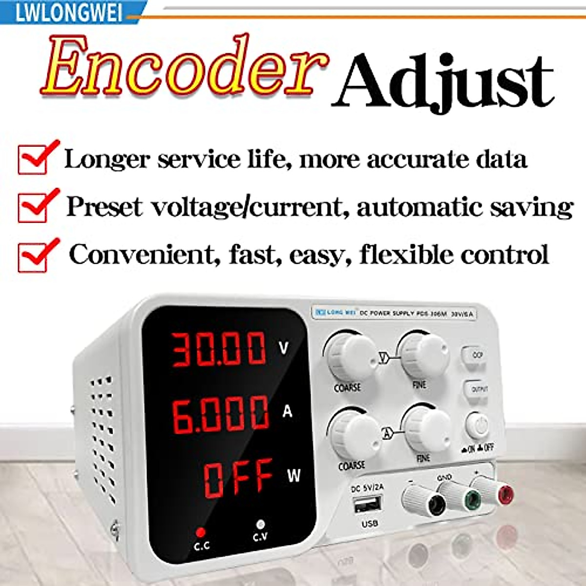 DC Power Supply Variable,30V 6A 180W Adjustable Switching Regulated DC Bench Power Supply with 4-Digits LED Power Display 5V/2A USB Output, Coarse and Fine Adjustments White