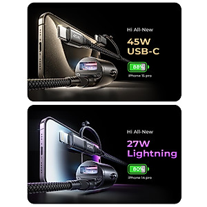 LISEN 90W iPhone 15 Car Charger, 45WPD+QC3.0 Fast Charging Cigarette Lighter USB Charger with 2-IN-1 Type C/Lightning Coiled Cable 5FT, Certified USB C Car Charger for iPhone 15 Pro Max 14/Samsung S23