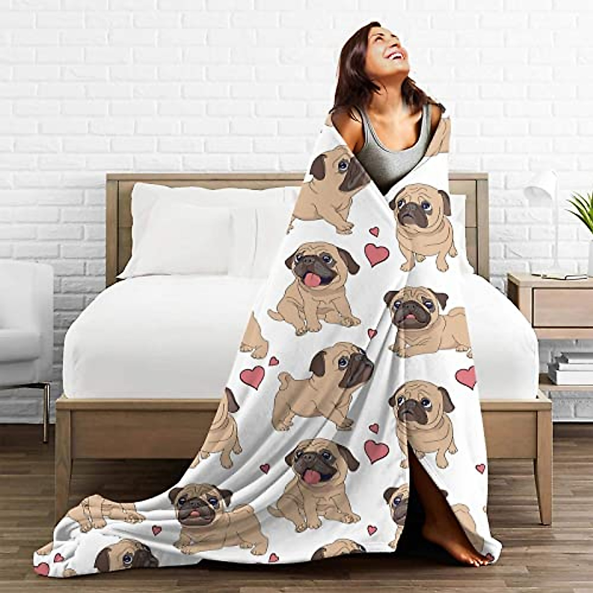Cute Pug Dog Puppies Throw Blanket Soft Bed Blankets Lightweight Cozy Plush Flannel Fleece Blanket for Sofa Couch Bedroom 60"X50"