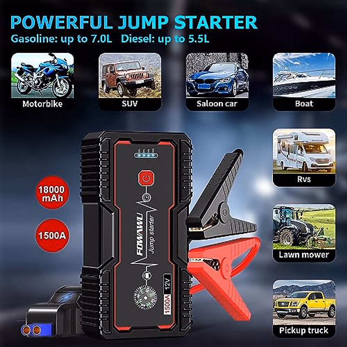 FOWAWU Car Jump Starter 1500A Peak 18000mAh Portable Jump(Up to 7.0L Gas and 5.5L Diesel), Battery Car Jump Battery Booster Pack with Smart Safety Jumper Cable, LED Light USB DC 12V Output