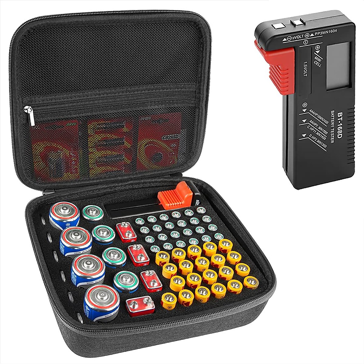 Linkidea Hard Battery Storage Container, Organizer Box with Tester BT-168, Safe Carrying Battery Case Holder - Holds 63 Various Sizes AA AAA 9V C D Batteries with Battery Tester