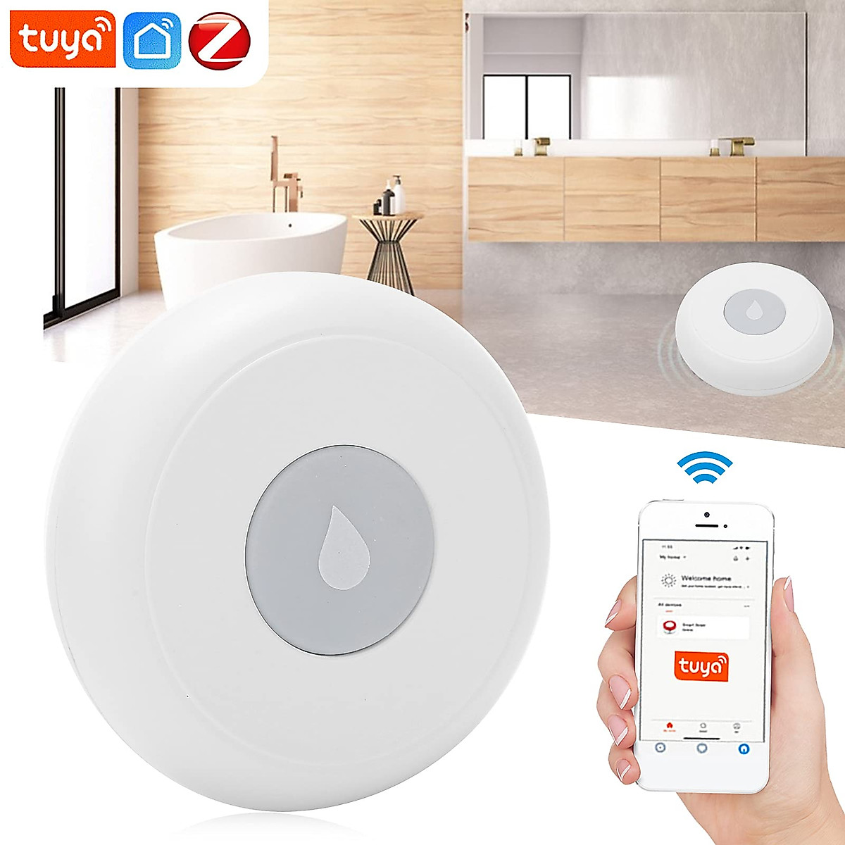 Water Leak Detector for Zigbee, Intelligent Wireless Water Alarm, Water Sensor Overflow Flood Leakage Alerts for Tuya, Linkage Alarm for Kitchen Living Room