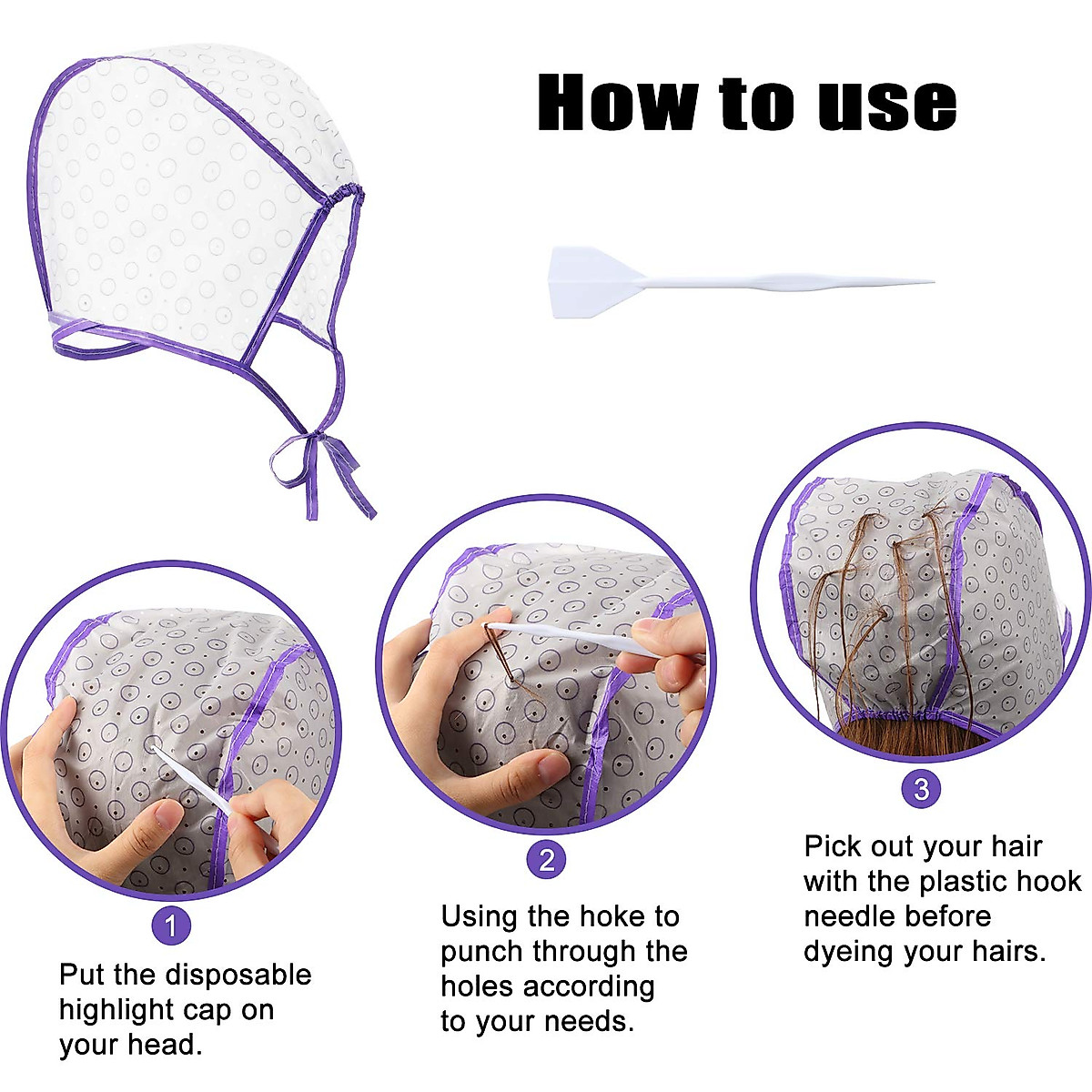 6 Pieces Hair Cap Highlighting Frosting Cap Highlight for Dye Color with Plastic Hooks Hair Coloring Salon Hairdressing Tool Kit Supplies(Purple)