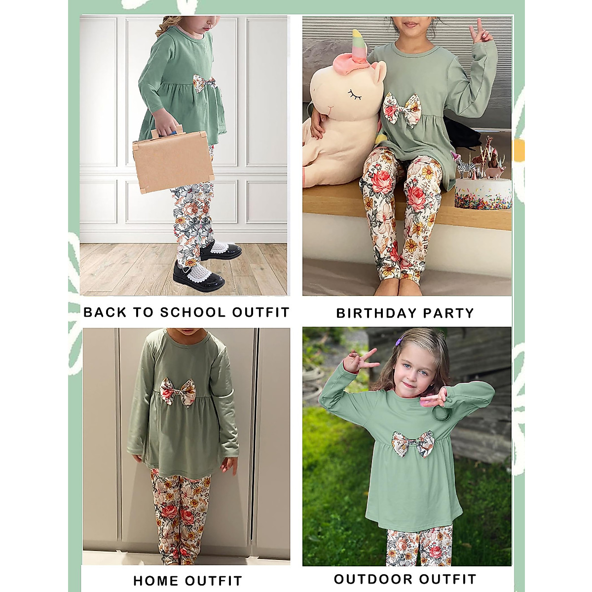 Yekaty Kids Clothes Set Girls Floral Crewneck Outfits 2 Pcs Long Sleeve Green Tops Floral Loose High Waist Pants Sets