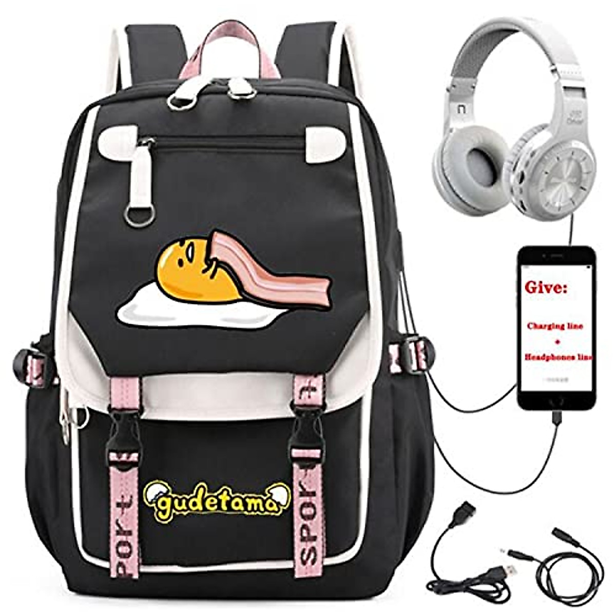 WANHONGYUE Gudetama Anime Backpack Laptop School Bag Student Bookbag Cosplay Daypack Rucksack Bag with USB Charging Port 1200/3