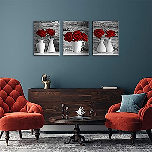 Wall Art Canvas Red Rose Painting Flower Wall Art Pictures For Bedroom Living Room 3 Piece Set Framed Home Decor Artworks 12"X16"