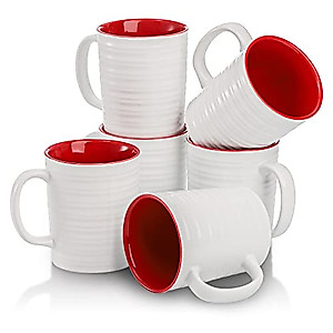 ZEAYEA Set of 6 Coffee Mug Set, 16 oz Large Coffee Cup with Handle for Coffee Cocoa Tea Milk, Ceramic Mug for Birthday, Party, Easy to Clean and Hold, White and Red