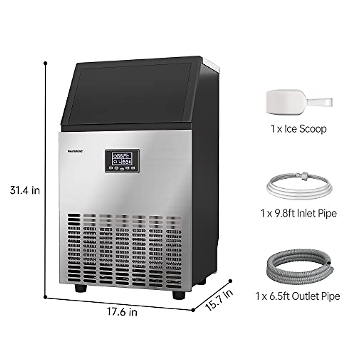 RESTISLAND Commercial Ice Maker Machine, 100 lbs /24 h, 33 lbs Storage Bin, Stainless Steel, Compact, Embedded, Self-Cleaning, Perfect for Home/Office/Shop/Cafe, Includes Ice Scoop, Connection Hose