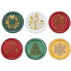 Yoption Christmas Wax Seal Stamp Gift Box Kit, 6pcs Merry Christmas Sealing Wax Stamp Heads with 1 Wooden Hilt Set, Wax Stamp Kit for Party Invitation Card Gift Decoration (Merry Christmas Series)