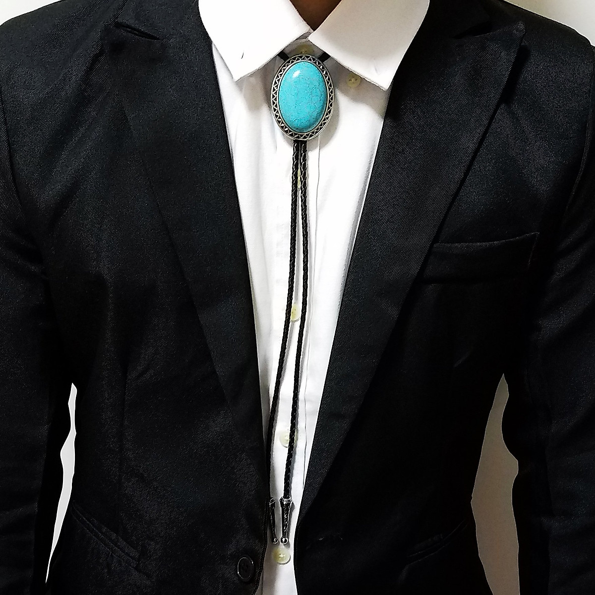 SELOVO Genuine Leather Bolo Tie for Men Native Western Created Turquoise Stone Silver Tone