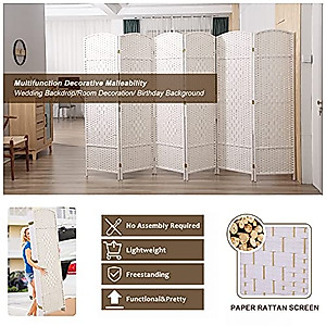 Duraspace 6 Panels Room Divider 6 FT Tall Weave Fiber Privacy Screen Freestanding Double Hinged Folding Screen Extra Wide Room Dividers for Patio Privacy (Off White)