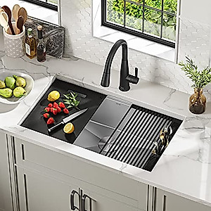 DELTA Rivet 32-Inch Workstation Kitchen Sink Undermount 16 Gauge Stainless Steel Single Bowl with WorkFlow Ledge and Chef’s Kit of 6 Accessories, 95B931-32S-SS