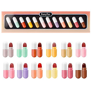 BonyTec MadayFormula Pill Lipstick Mini, 12 Colors Matte Lipstick, Lip Capsules, Waterproof Long Lasting Mini Capsules Lipstick Set Gift for Girls Women