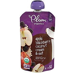 Plum Organics Stage 2 Organic Baby Food - Apple, Blackberry, Coconut Cream, and Oat - 3.5 oz Pouch - Organic Fruit and Vegetable Baby Food Pouch