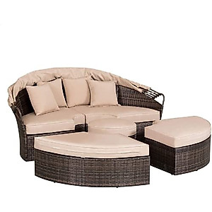 Omelaza Outdoor Round Daybed Sofas Patio Furniture with Retractable Canopy, Brown Wicker, 4 Pieces Seating Separates Cushioned Sectional Sofa, and 1 Round Center Table, for Lawn, Poolside, Garden