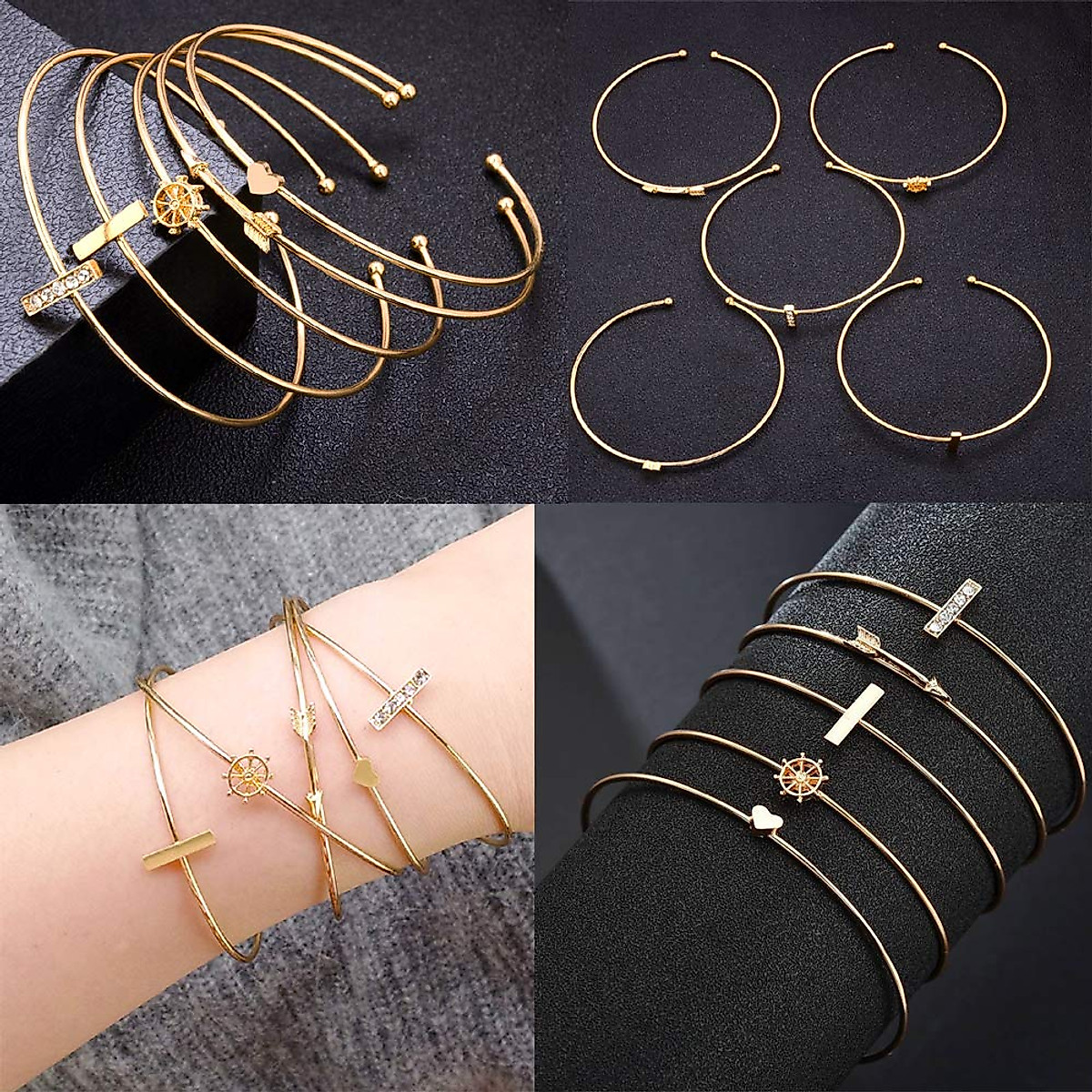 yunanwa 5 PACK (23pcs) Multiple Layered Stackable Open Cuff Wrap Bangle Bracelet Jewelry Adjustable for Women Wholesales Set Assorted