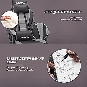 BOSSIN Gaming Chair with Massage, Ergonomic Heavy Duty Design, Gamer Chair with Footrest and Lumbar Support, Large Size Cushion High Back Office Chair, Big and Tall Gaming Computer Chair for Kids