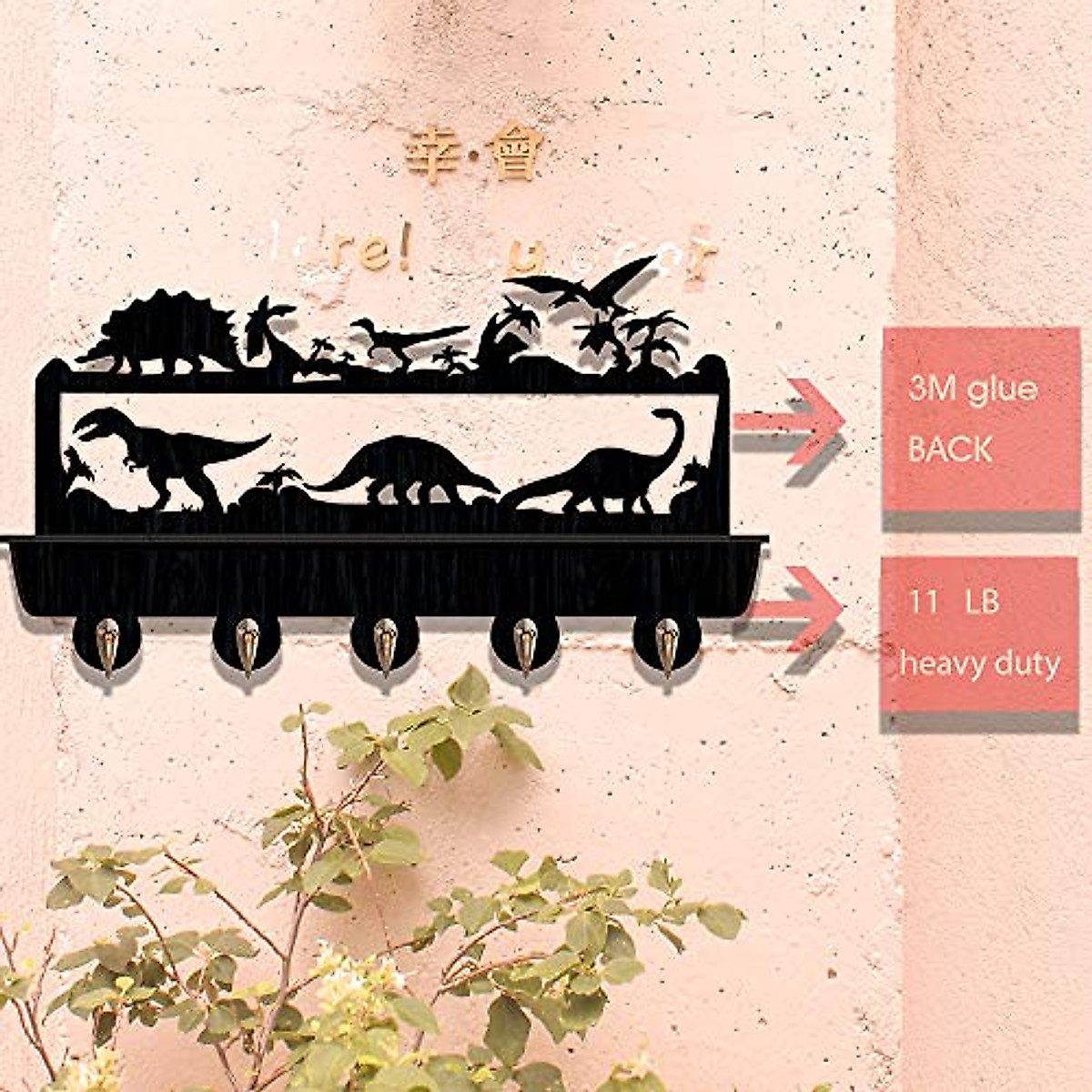 Dinosaur Wall-Mounted Coat Hooks Hat Rack with 5 Vintage Metal Hooks, Hat Rack and Upper Wooden Storage Shelf, Entryway, Kitchen, Bathroom, Living Room,16inch, Black,11lbs