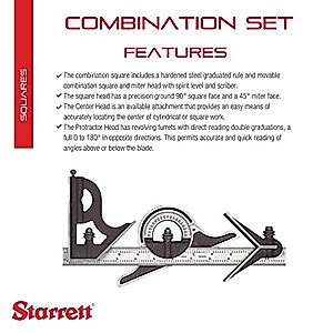 Starrett Combination Set with Square, Center and Non-Reversible Protractor Head and Blade - 12" Blade Length, Hardened Steel, 4R Graduation Type - 9-12-4R