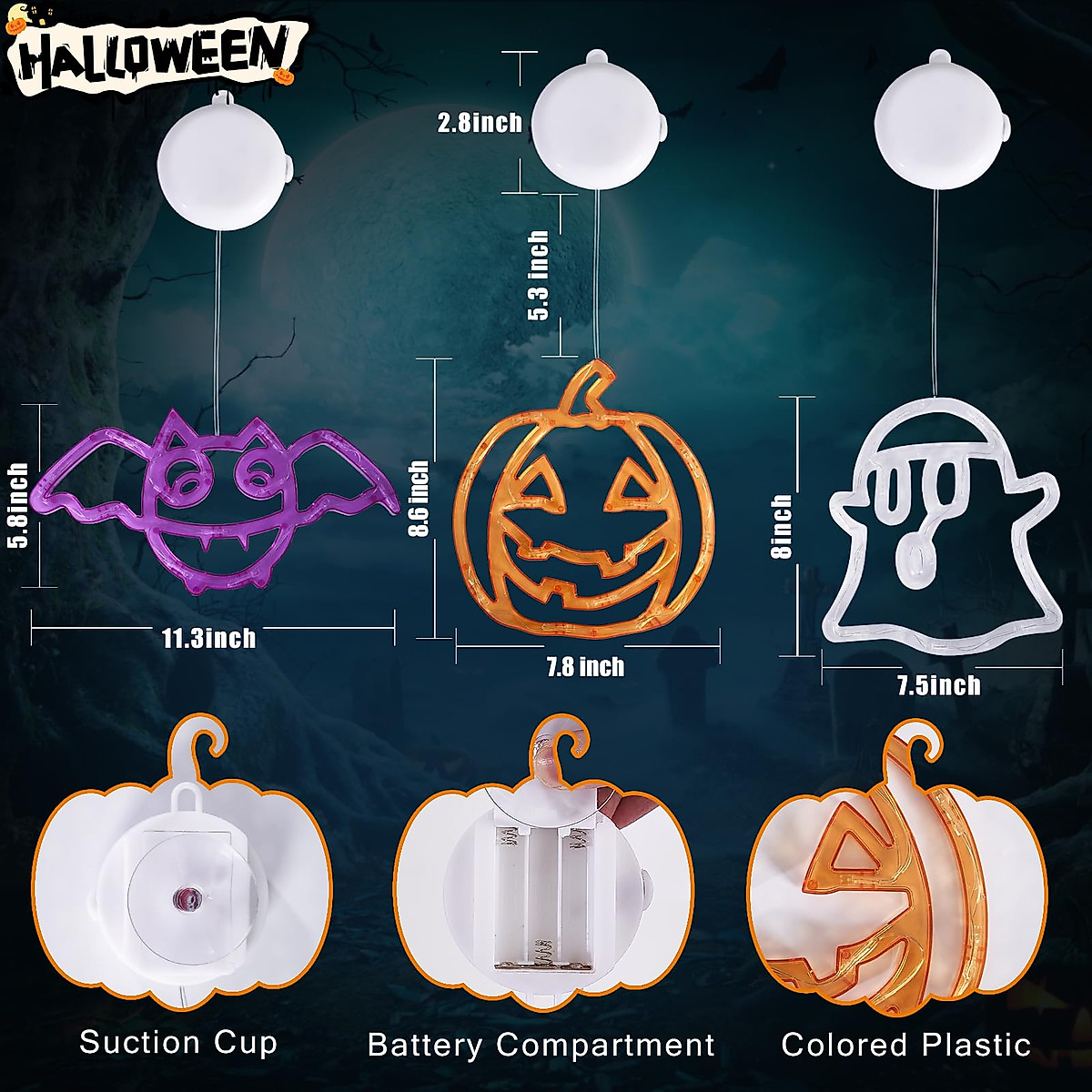 PISKEKAT Halloween Decorations, 3 Pack Orange Pumpkin, White Ghost, Purple Bat Halloween Window Lights with Suction Cup & Hooks, Battery Operated Indoor Lights for Halloween Window Decorations