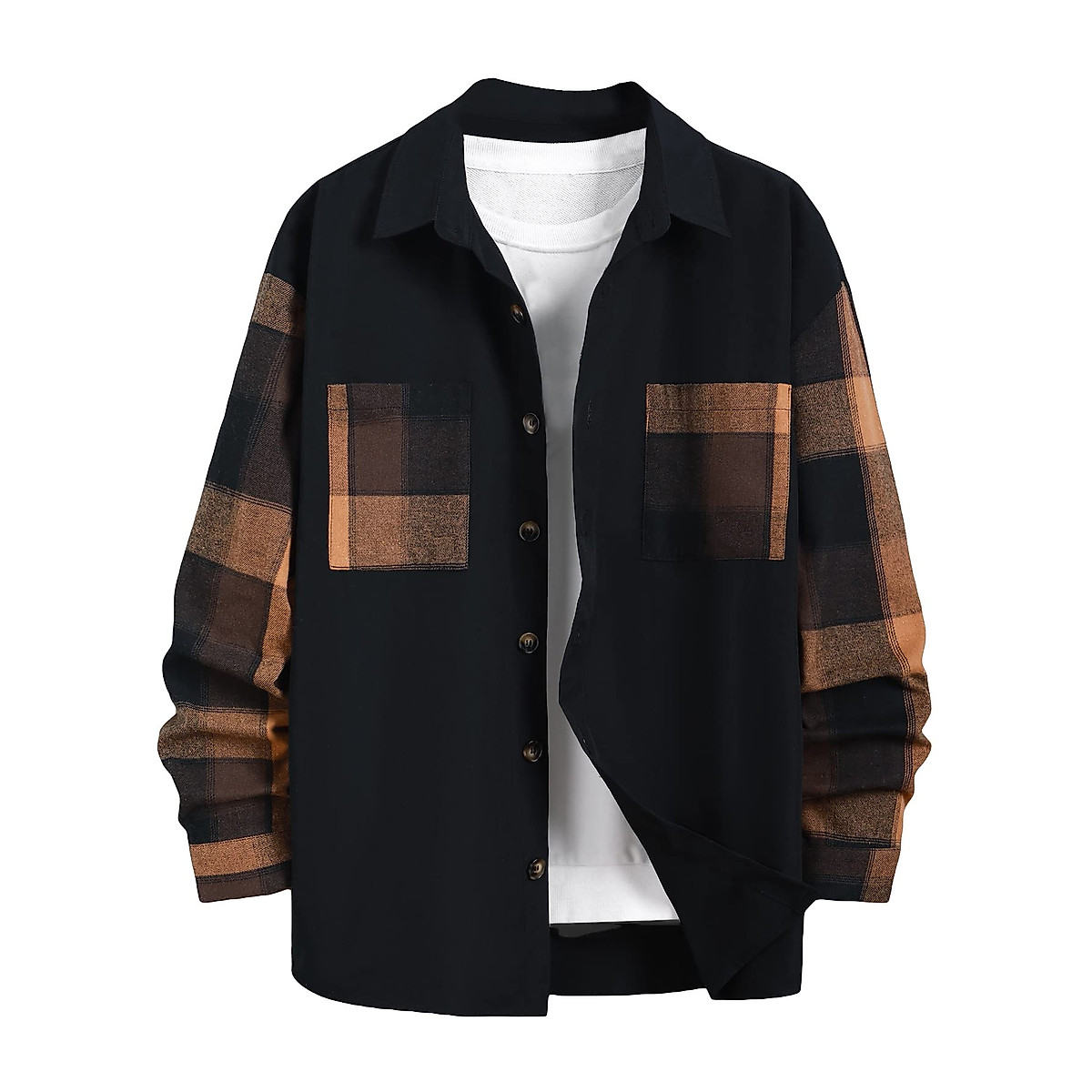 GORGLITTER Men's Plaid Button Down Shirt Long Sleeve Casual Shirt Jackets Black and Brown Medium