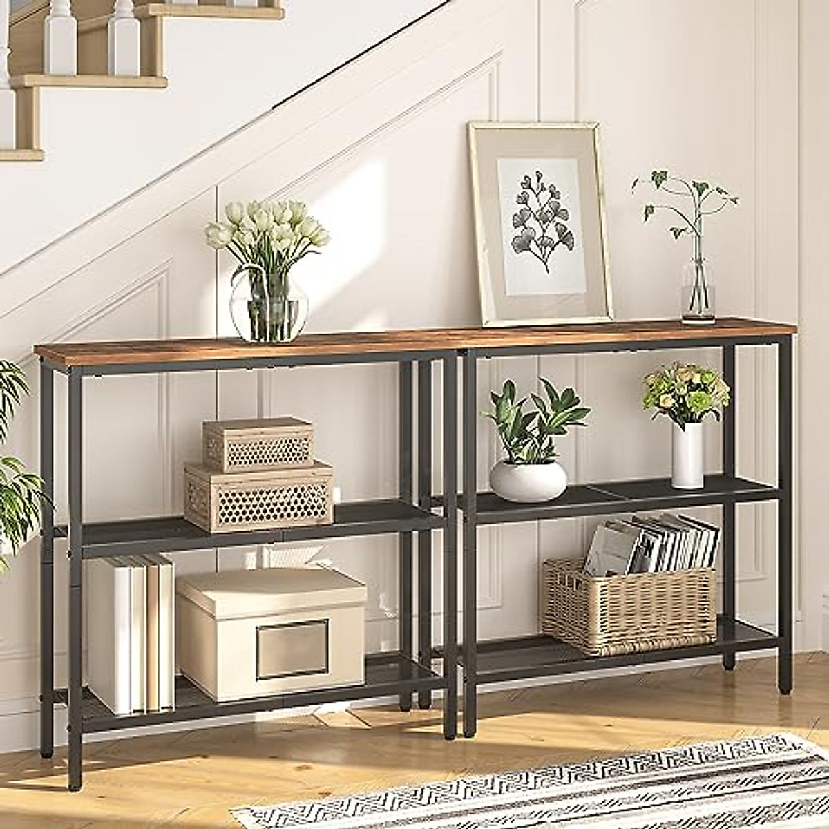 HOOBRO 29.5" Narrow Console Table, 3-Tier Entryway Table, Thin Sofa Table with Shelves, Side Table, Display Table, for Hallway, Entrance, Living Room, Bedroom, Rustic Brown and Black BF73XG01