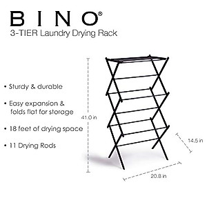 BINO 3-Tier Collapsible Drying Racks | Black | Air Drying & Hanging | Foldable Portable Indoor & Outdoor | Space Saving Clothes Dryer Stand | Home Dorm Apartment Essentials