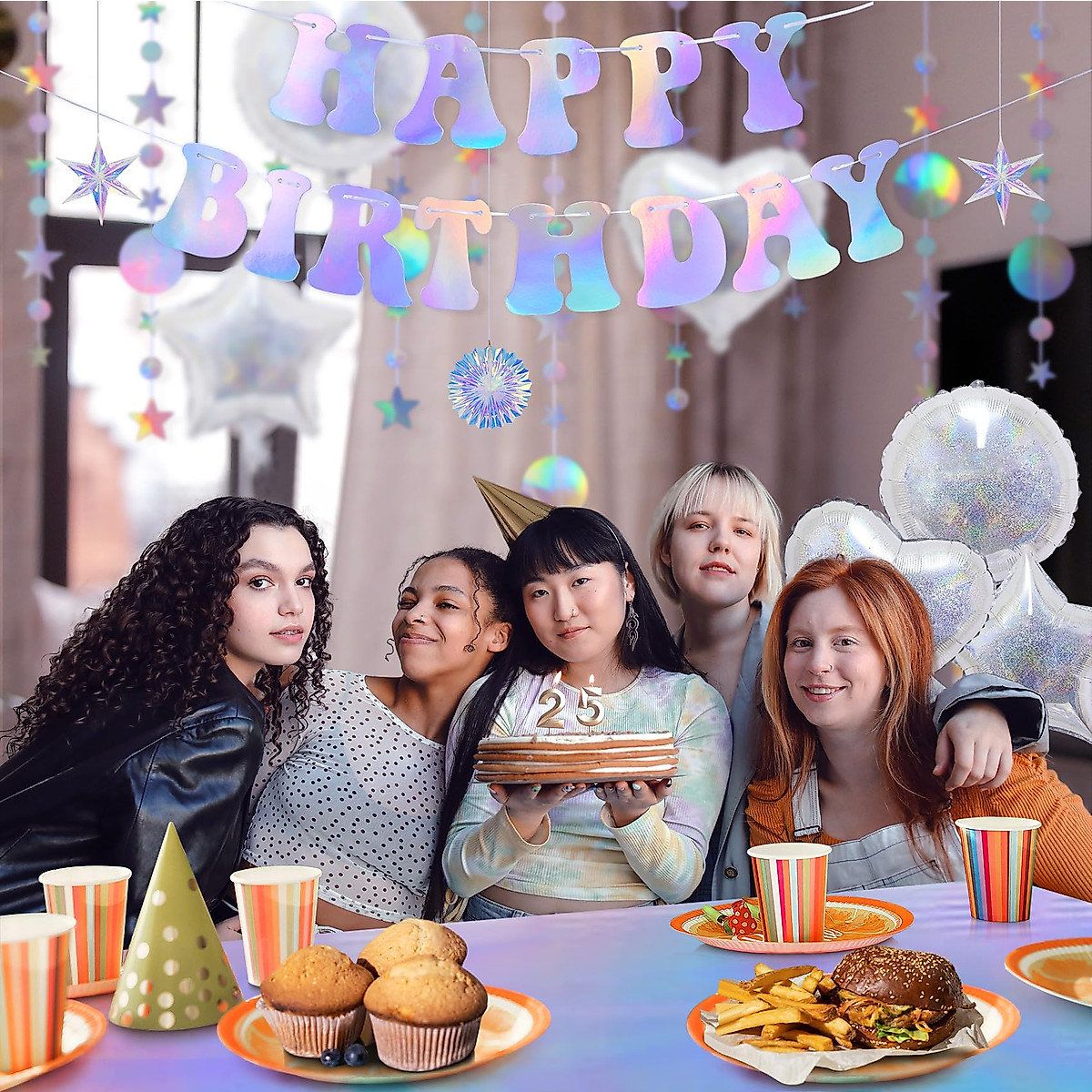 UNICORN ELEMENT Iridescent Birthday Decorations with Happy Birthday Banners, Iridescent Aluminum Foil Balloons, Hexagonal Star Round Ornaments, Sparkly Circle Garlands Hanging and Party Tablecloth for Birthday Party Supplies