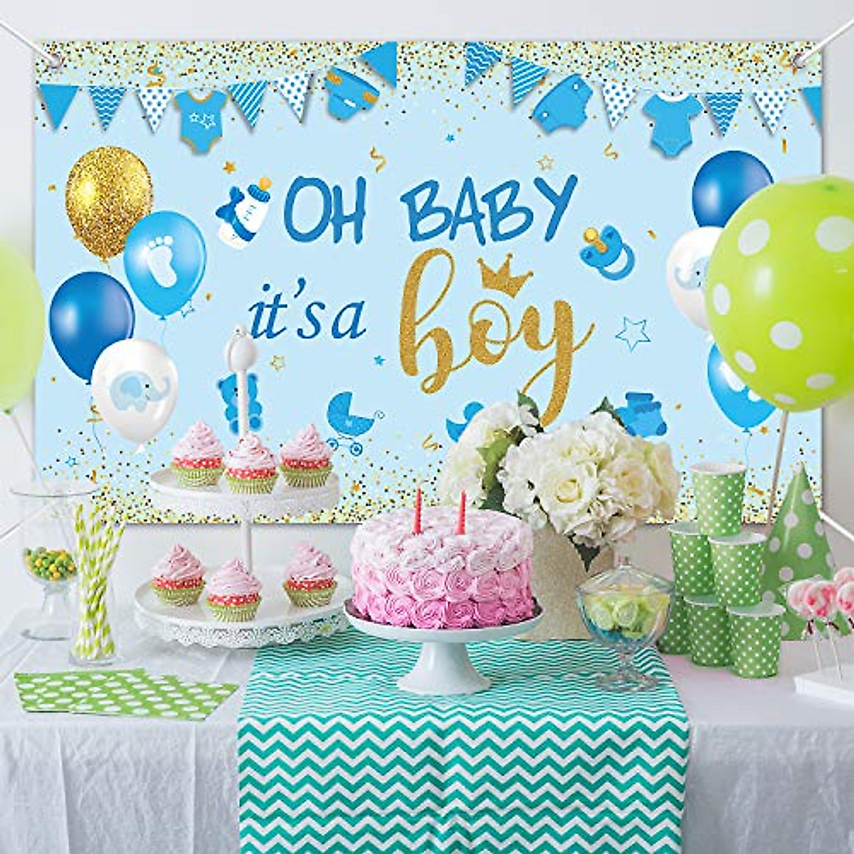 Oh Baby It's A Boy Baby Shower Party Decorations Large Size Blue Baby Shower Birthday Banner Backdrop Photo Booth Background for Boy's Baby Shower Party Supplies (Blue Boy)
