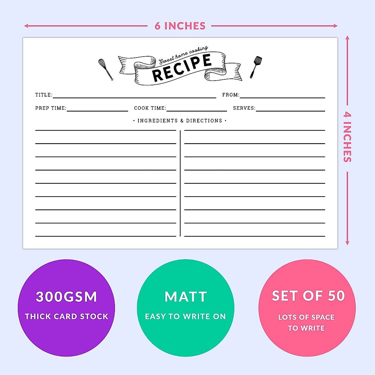 Poiet Sweet Home Cooking Recipe Cards, 4x6 Double Sided, Set of 50, 300gsm Thickness