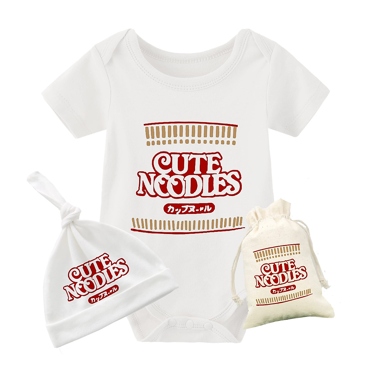 YSCULBUTOL Baby Twins Bodysuit Funny Ramen Outfit Noodle Funny Romper Baby Costume Jumpsuit Hat Bags（White Noodle 12M）