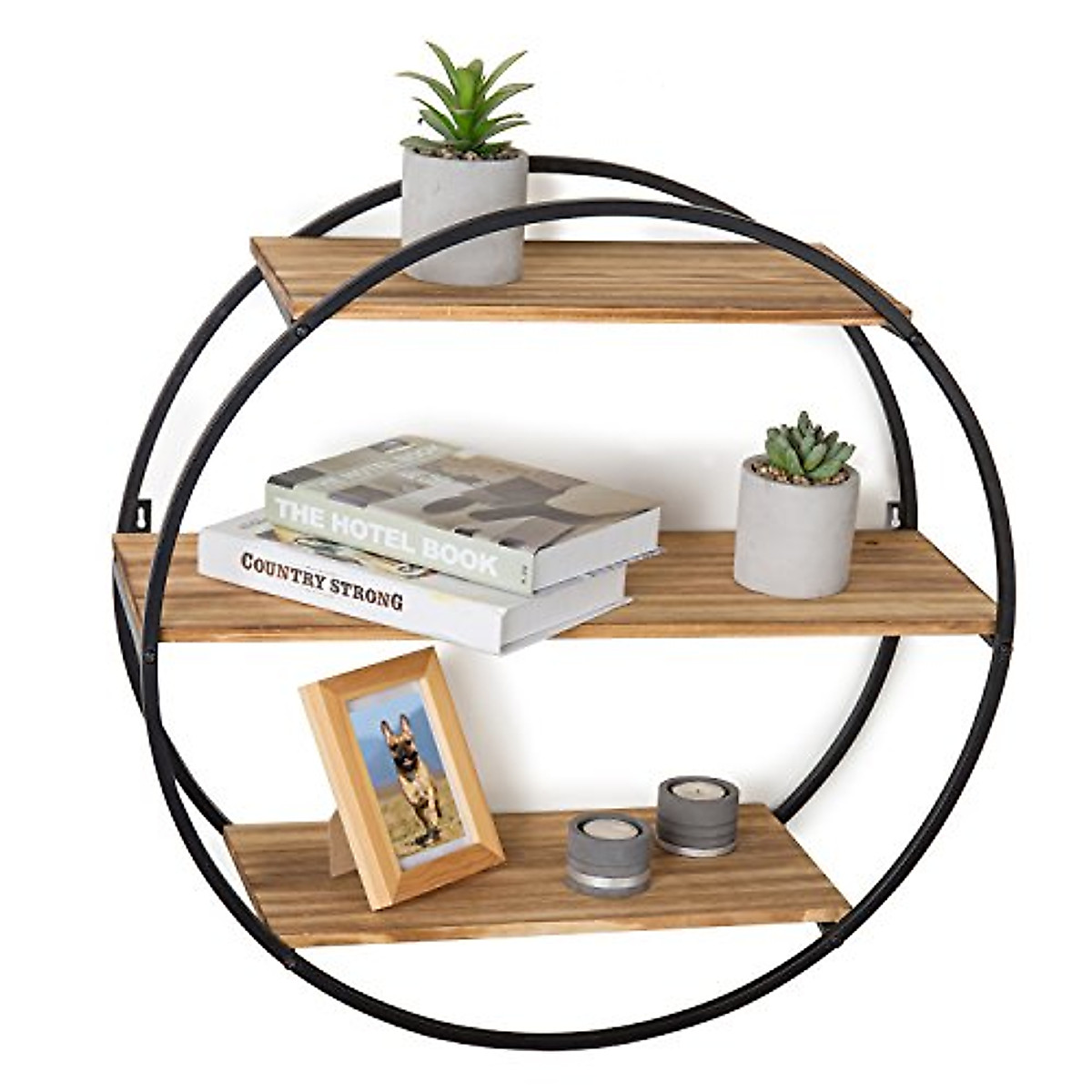 Modern Circular Metal Frame & Wood Wall Mounted Floating Shelf / 3-Tier Decorative Display Rack, 22-Inch in Diameter