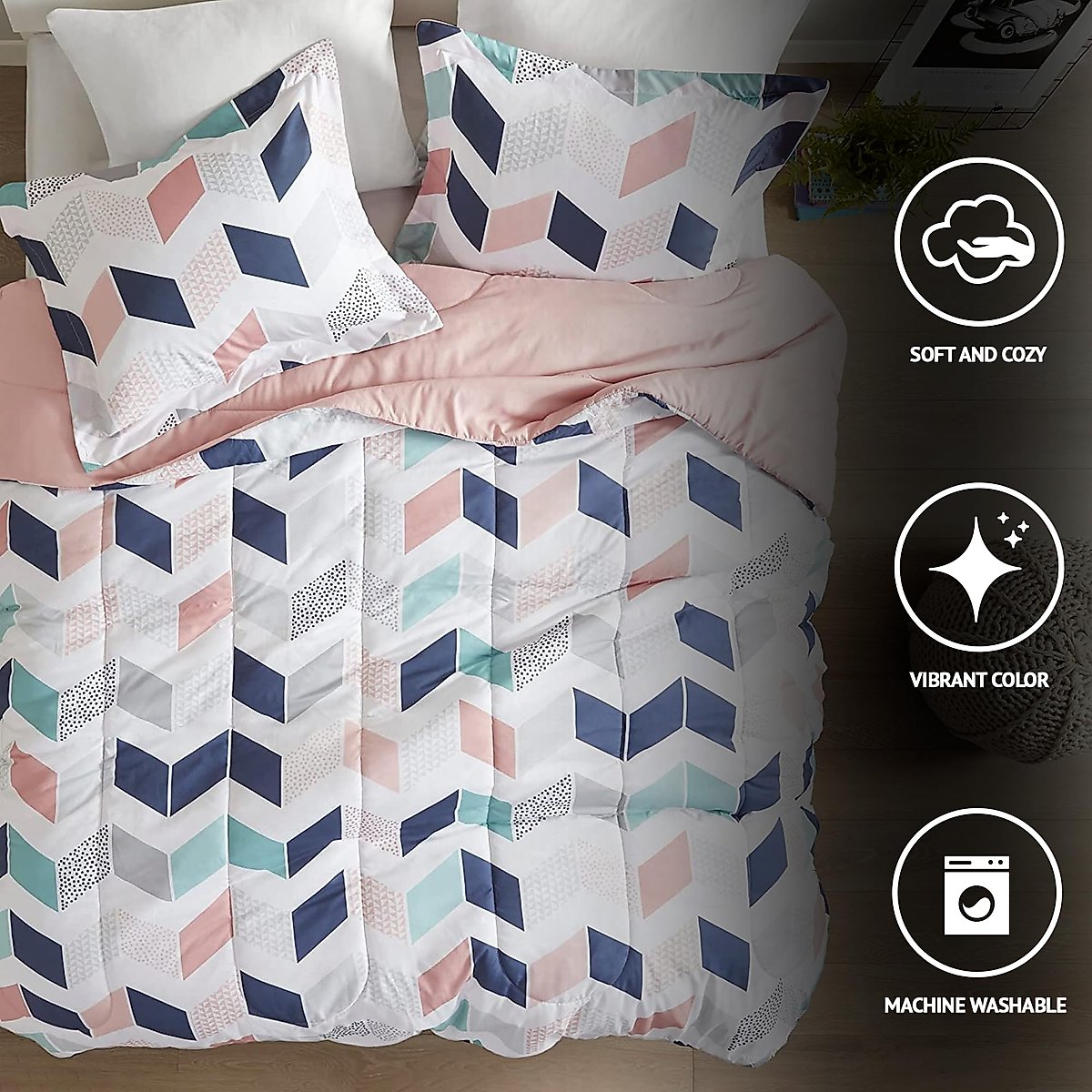 Comfort Spaces Kylar Cozy Comforter Set, Vibrant Chevron Ruching Design with Solid Reverse, All Season Down Alternative Bedding with Matching Sham, Twin/Twin XL (66 in x 90 in), Multi/Blush 2 Piece