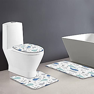 DSMEUE 4 Piece Shower Curtain Sets with Rugs,Cartoon Whale Blue Gray Tropical Fish Seaweed Funny Sealife Boys Girls 70" x 70" Bathroom Curtain and 17.8"x29.5" Bath Mat,Toilet Cover, U-Shaped