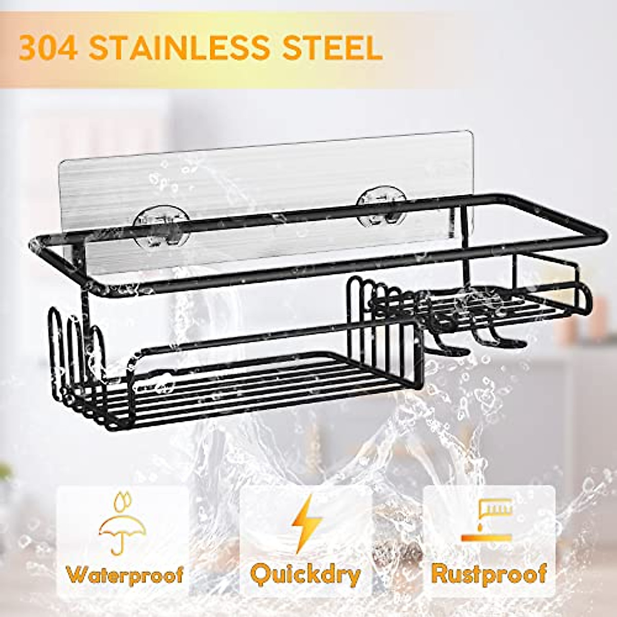Smatorga Adhesive Shower Caddy with Hooks 2 Pack Shower Organizer Shelf, No Drilling Stainless Steel Bathroom Storage Rack for Inside Shower Shampoo Conditioner Holder,Black…